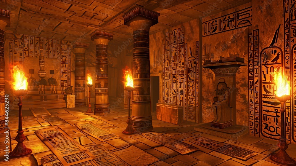 An ancient archive, lit by flickering torches, holds scrolls and ...