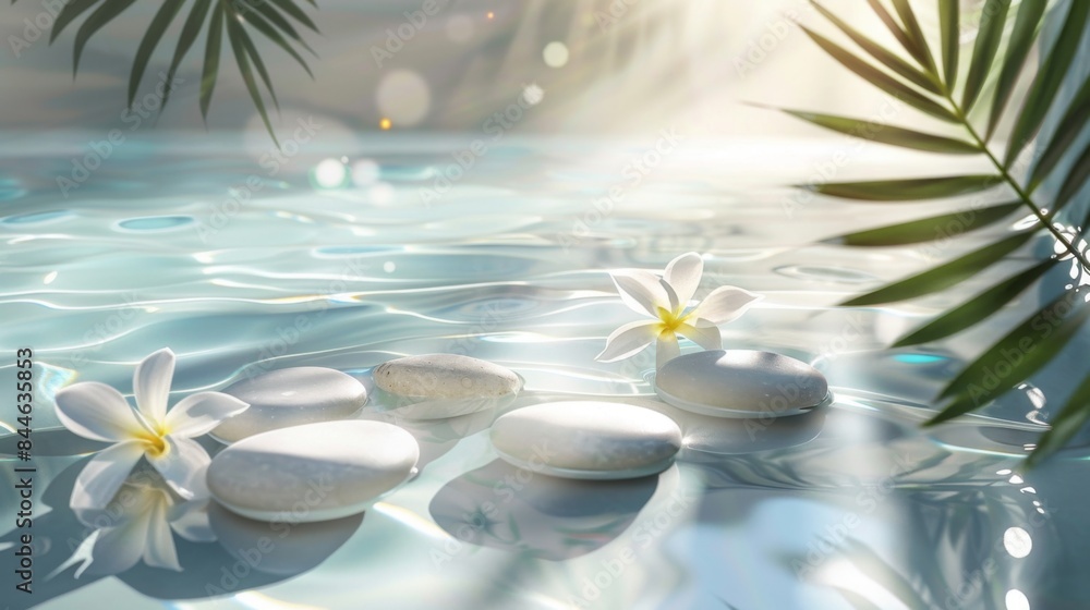 Beautiful spa background featuring white stones, lily flowers, and sun ...