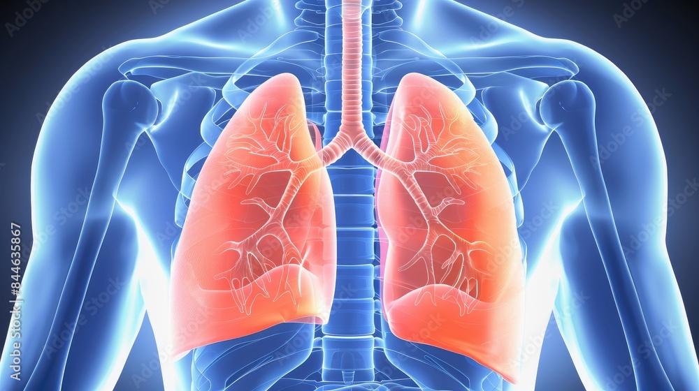 3D Medical Illustration of Human Lungs in the Rib Cage, Highlighting ...