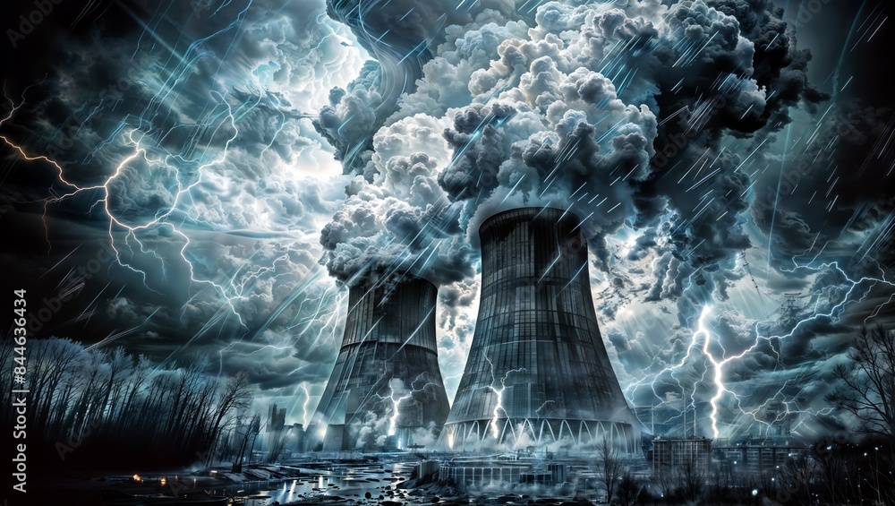 Ominous stormy scene with lightning striking near nuclear power plant ...