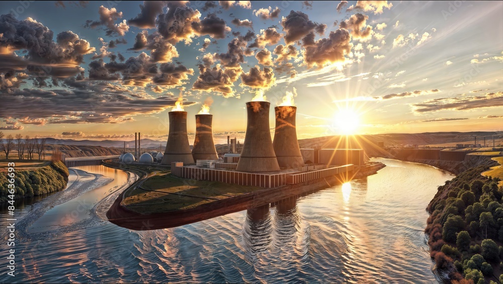 Golden hour scenic view of a nuclear power plant with multiple cooling ...