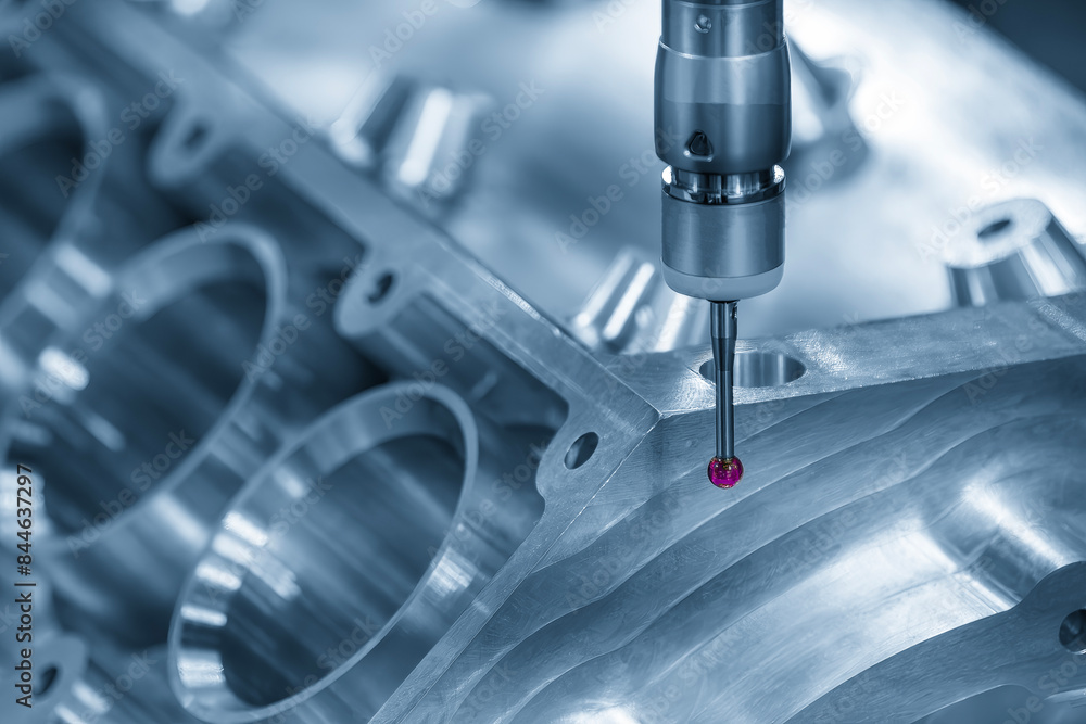 The multi axis CMM machine measuring the aluminum V8 cylinder block ...
