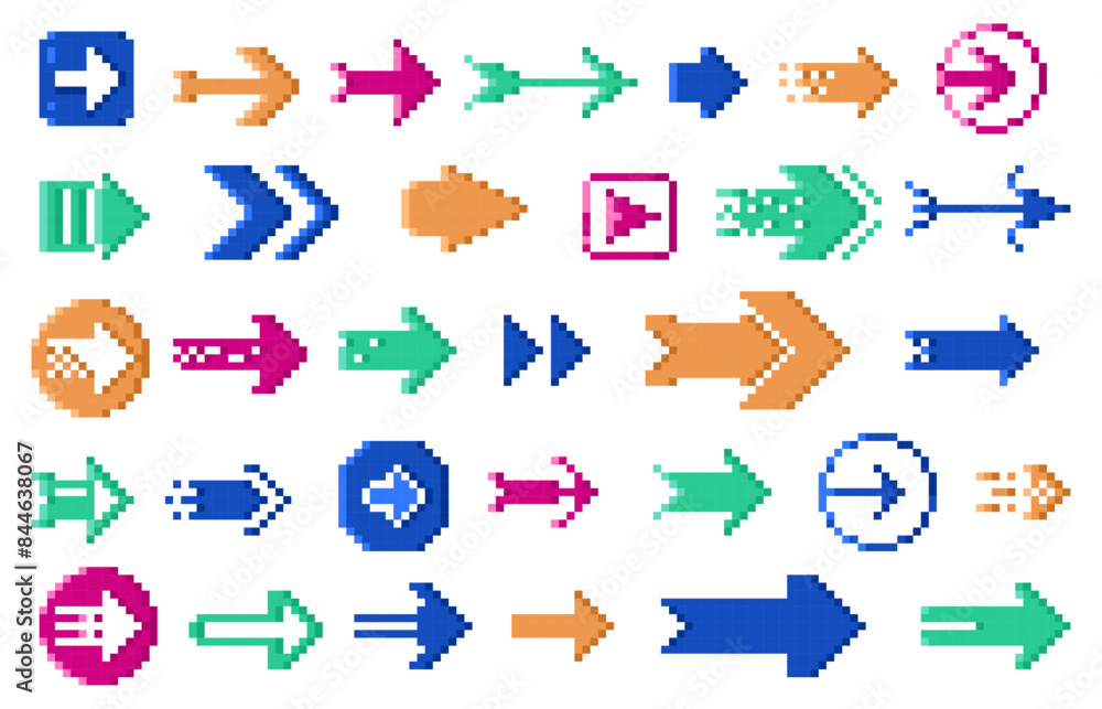 Pixel 8 bit arrows. Dotted retro navigation cursors, retro 8 bit ...
