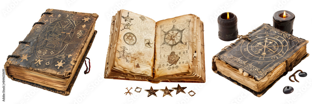 set of witch's spell book with ancient symbols isolated on transparent ...