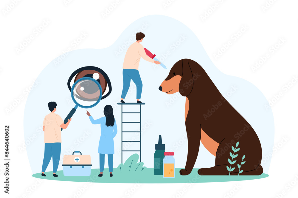 Medical examination of pet in vet hospital. Tiny people with magnifying ...