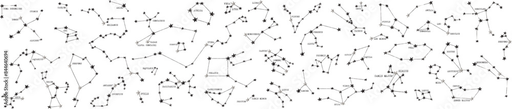 Night sky chart with name of stars and constellations. Orion, Sirius ...