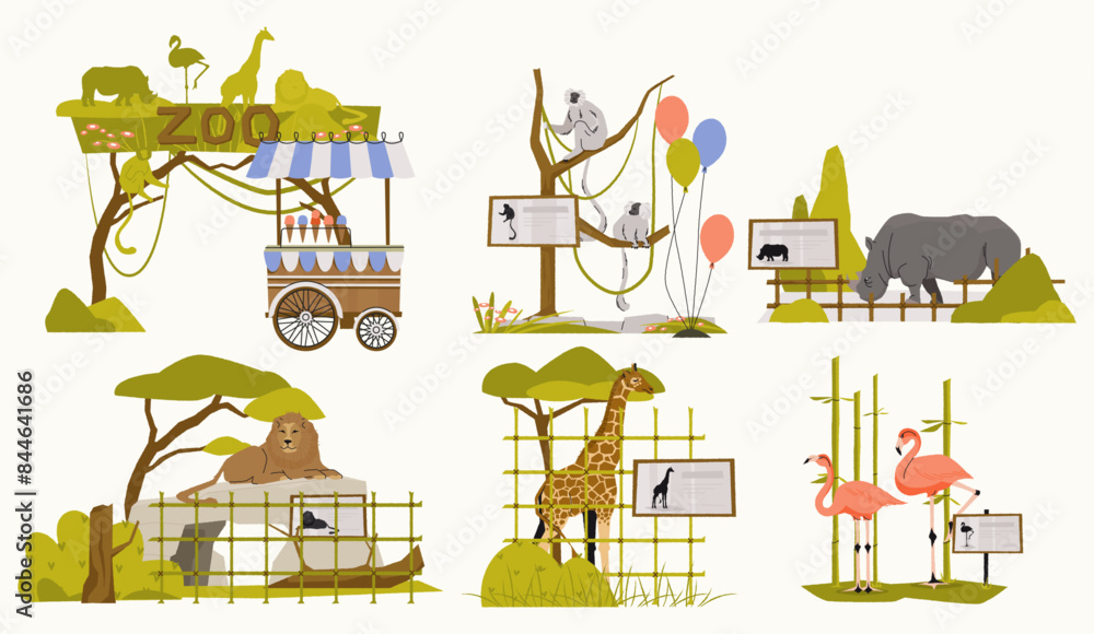 Zoo landscape elements. Cartoon zoo park entrance with fence and gate ...