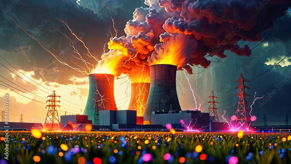 A surreal and explosive depiction of a nuclear power plant, with ...