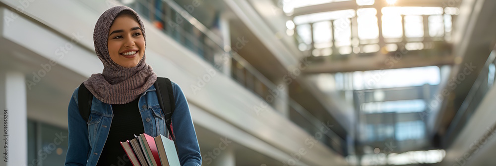 Smiling muslim female student holding books and wearing a headscarf in ...