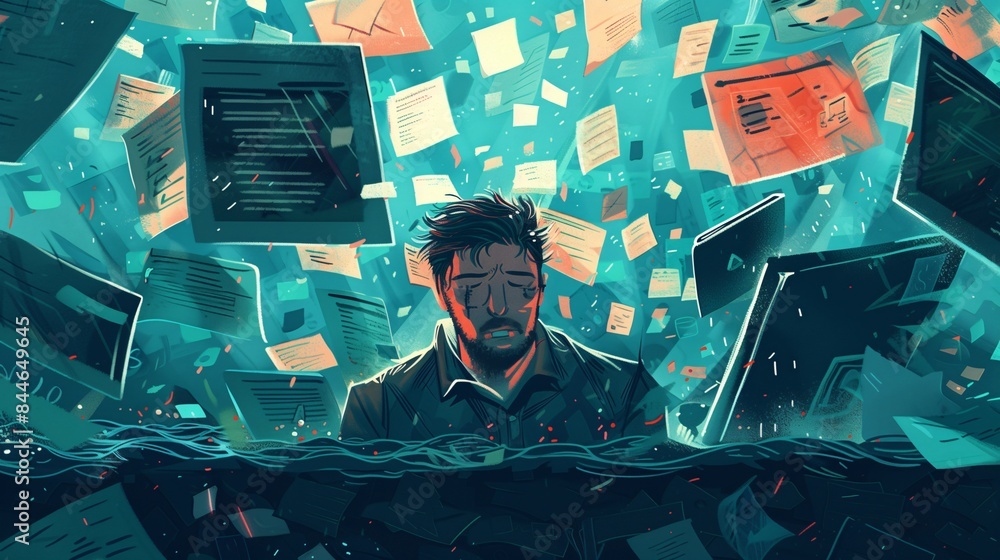 Illustration of employee drowning in a sea of digital data with ...