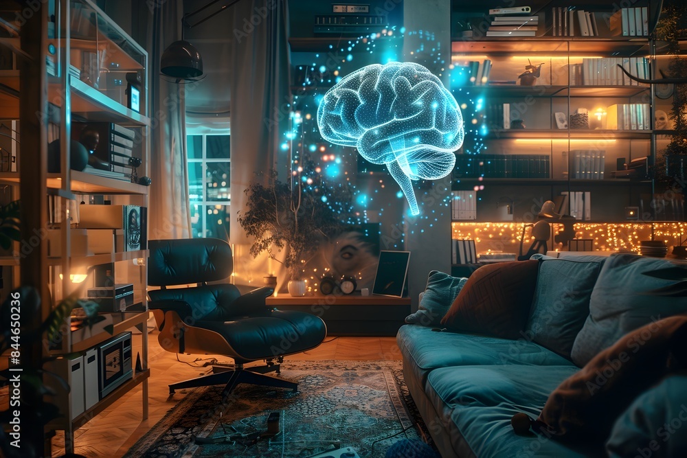Futuristic smart home interior with Neuralink implant device and real ... Futuristic smart home interior with Neuralink implant device and real ...
