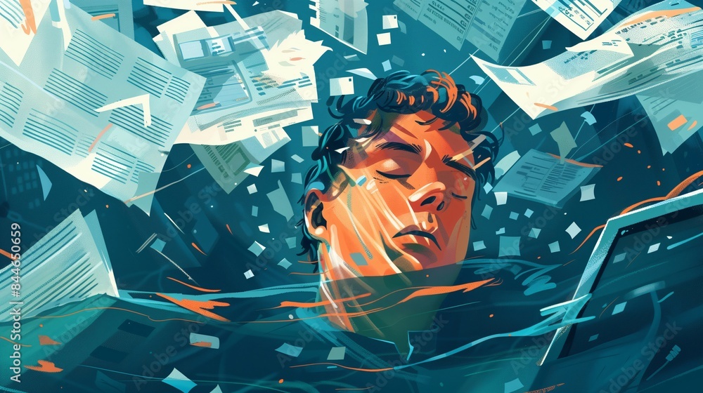 Illustration of employee drowning in a sea of digital data with ...