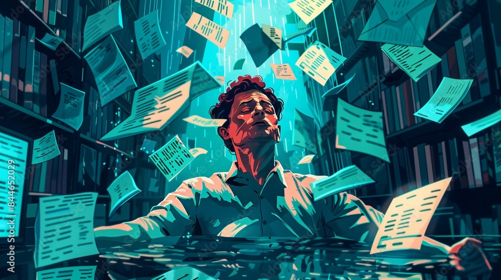 Illustration of employee drowning in a sea of digital data with ...