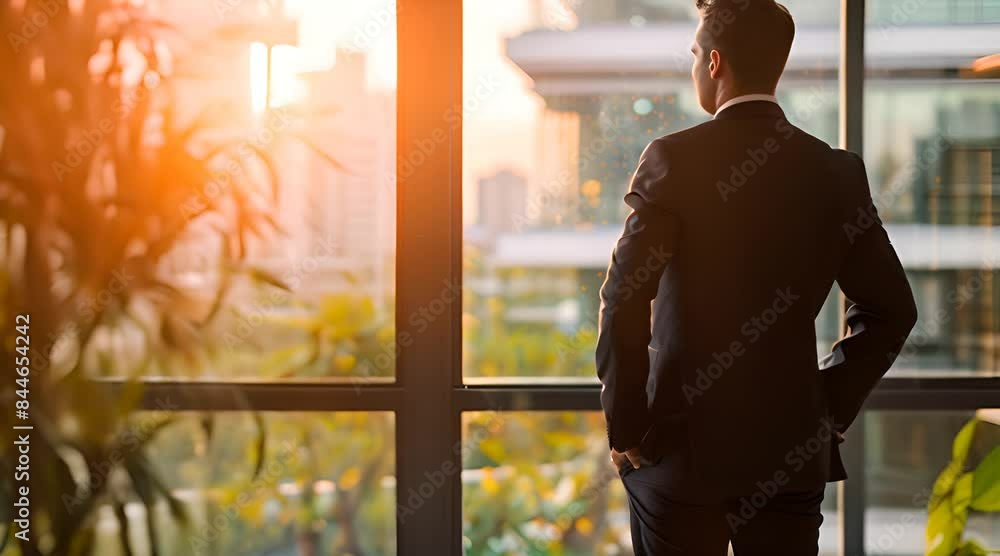Back view of male banker dressed in black elegant suit holding hands in ...