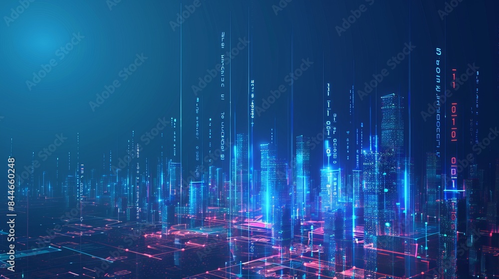 An illustration depicts a digital cityscape with digit number elements ...