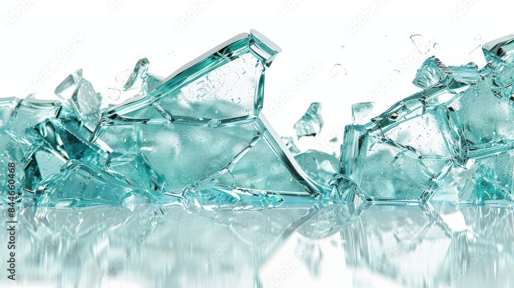 Broken glass window with pieces missing, sharp edges and reflections ...