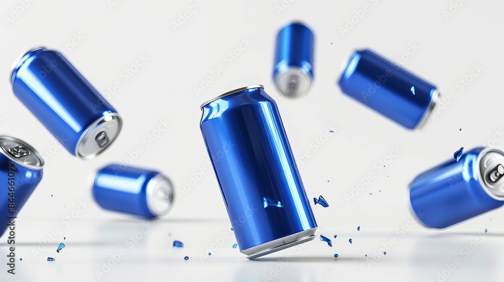 Falling blue aluminum soda cans are isolated over a white background ...