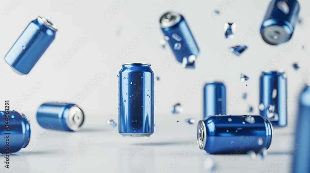 Falling blue aluminum soda cans are isolated over a white background ...