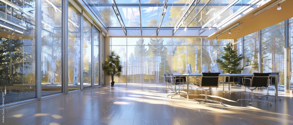 open space office layout with glass roof floods the space, ample space ...