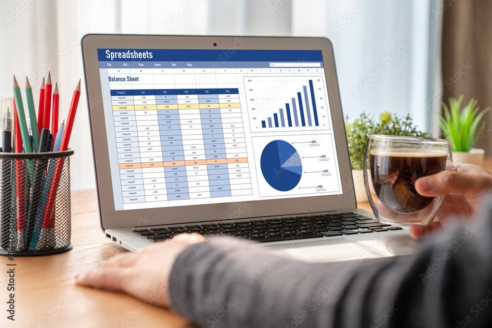 Spreadsheet document information financial startup concept. data and ...