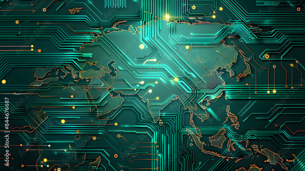 A glowing digital world map overlays a dark, intricate circuit board ...