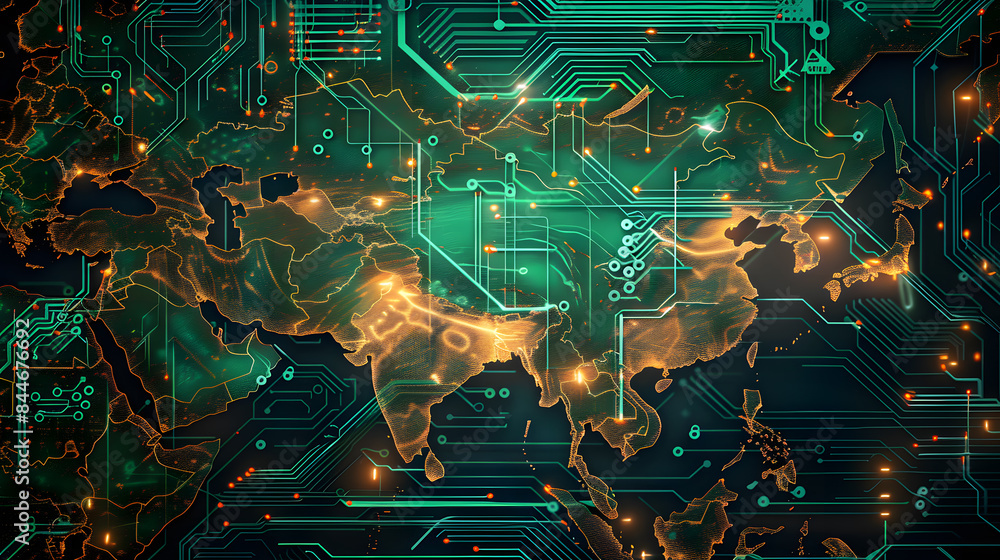 A glowing digital world map overlays a dark, intricate circuit board ...
