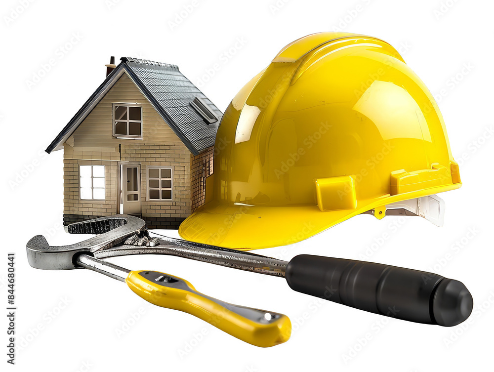 Yellow construction helmet and tools in front of a miniature house ...