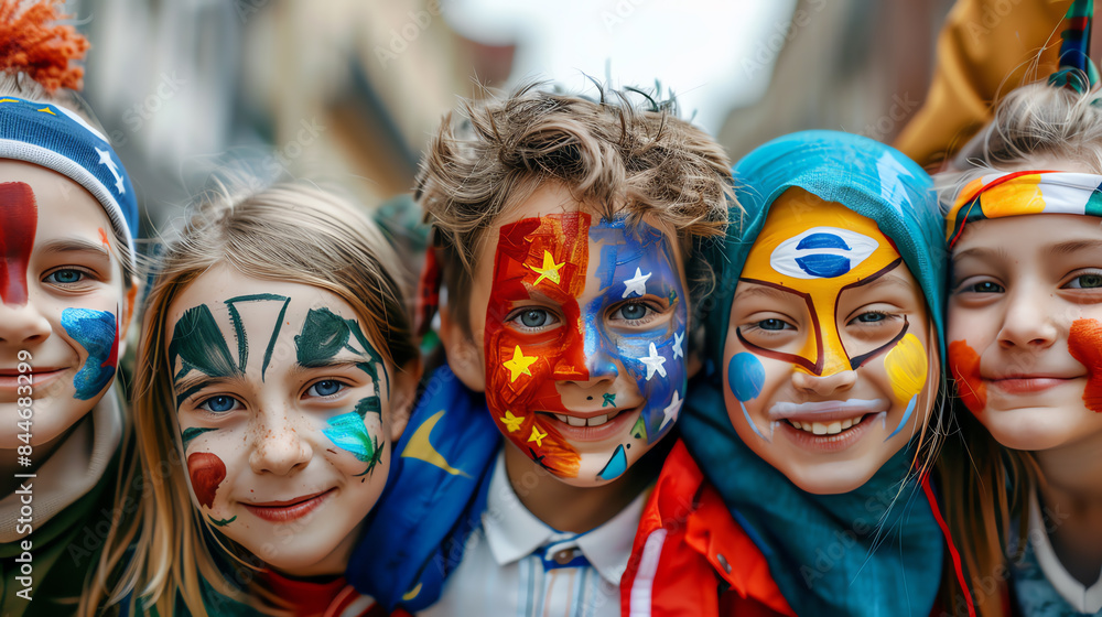 Children with painted faces of different flags enjoying a parade of ...