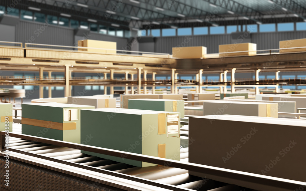 Production line in factory. Conveyor with boxes inside hangar ...