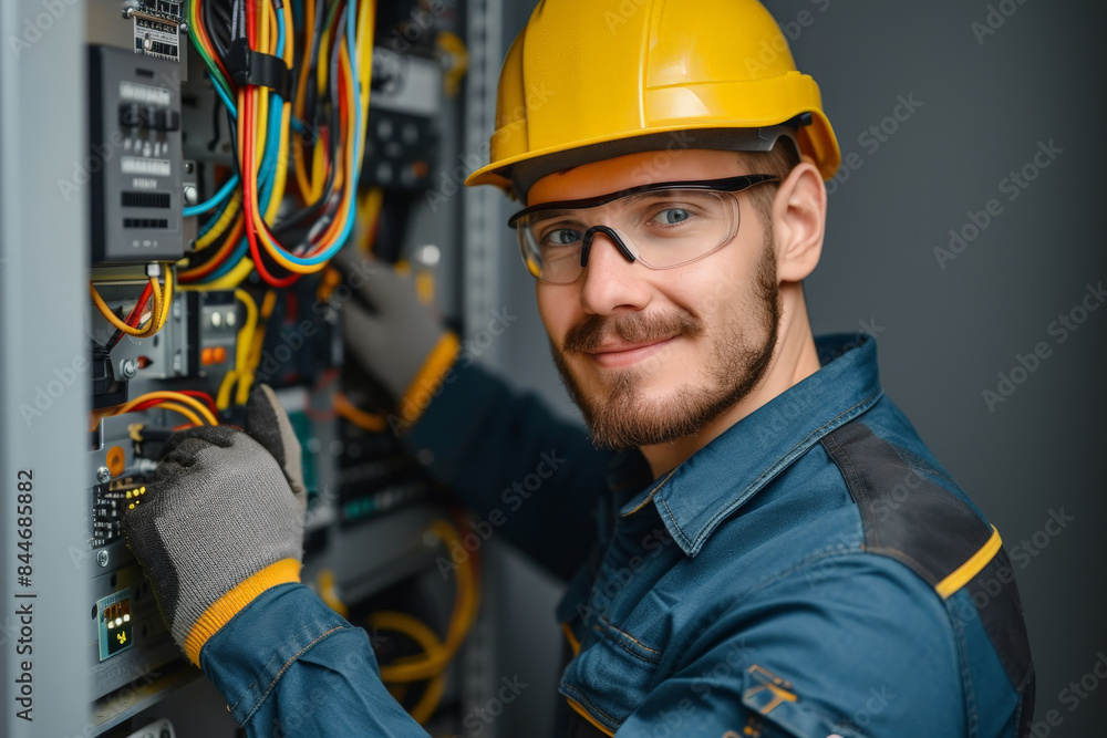 electrician wearing a yellow hard hat, safety glasses, and gloves ...