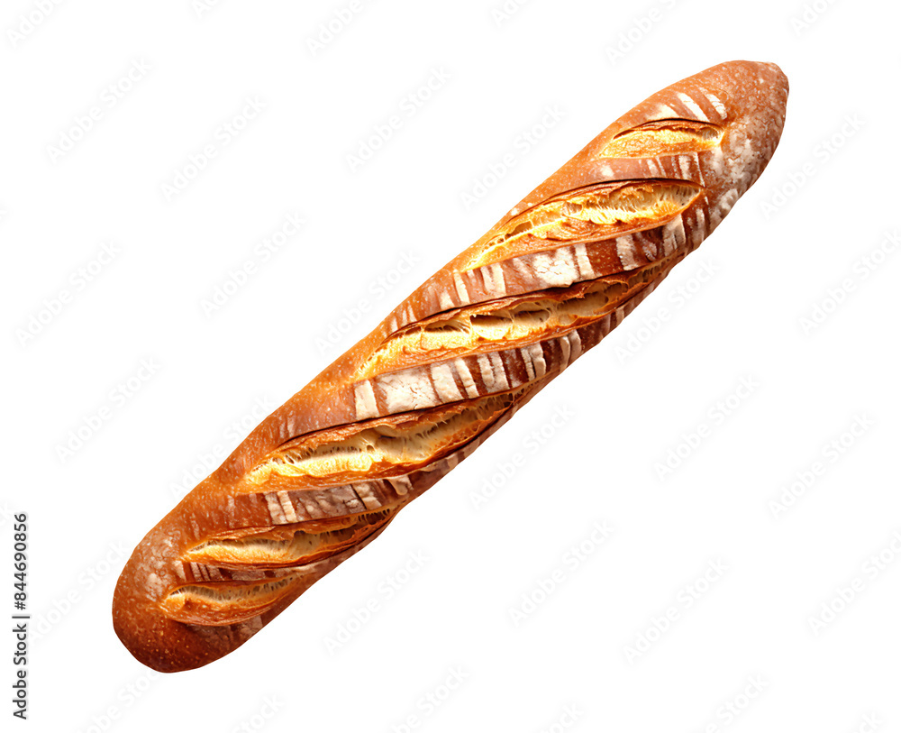 baguette with a golden-brown crust and diagonal slashes, rests on a ...
