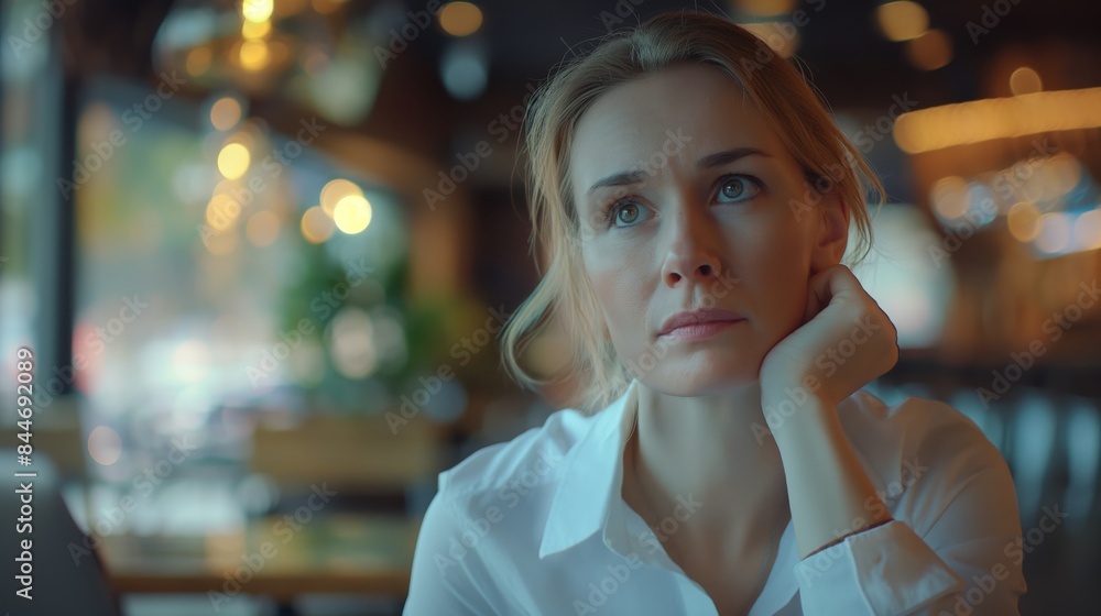 Woman 30s thinking considering worrying space out long hair blonde ...