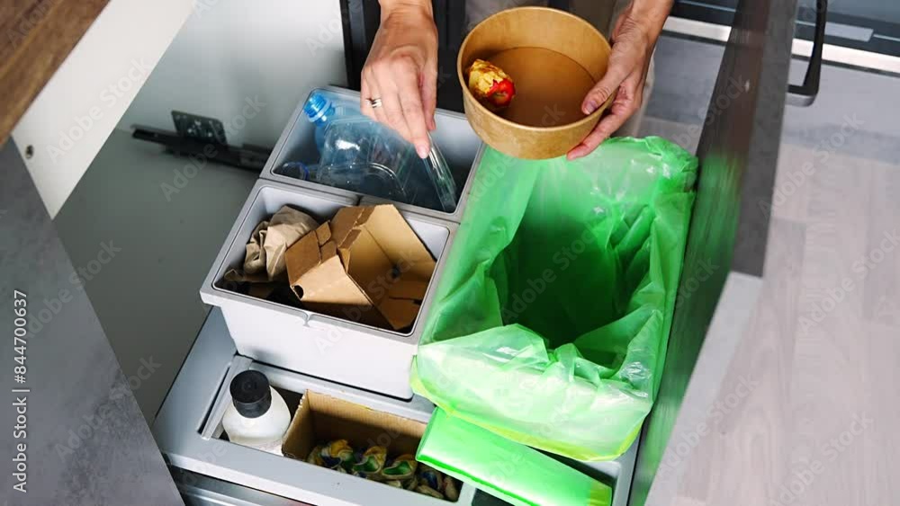 Hand of woman throwing trash into household bins for waste sorting in ...