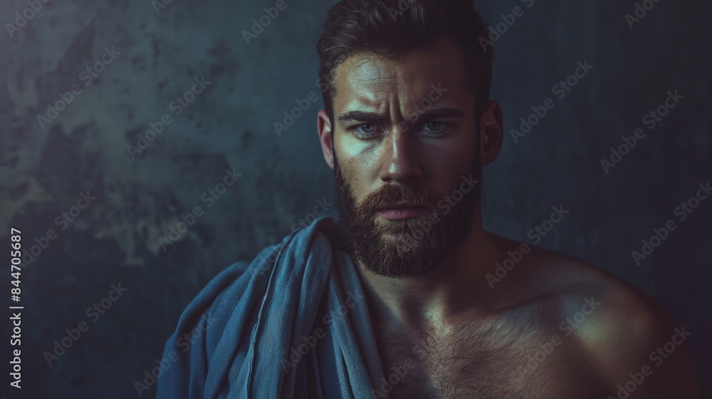 Handsome muscular Greek god, short hair wearing toga, fantasy aesthetic ...