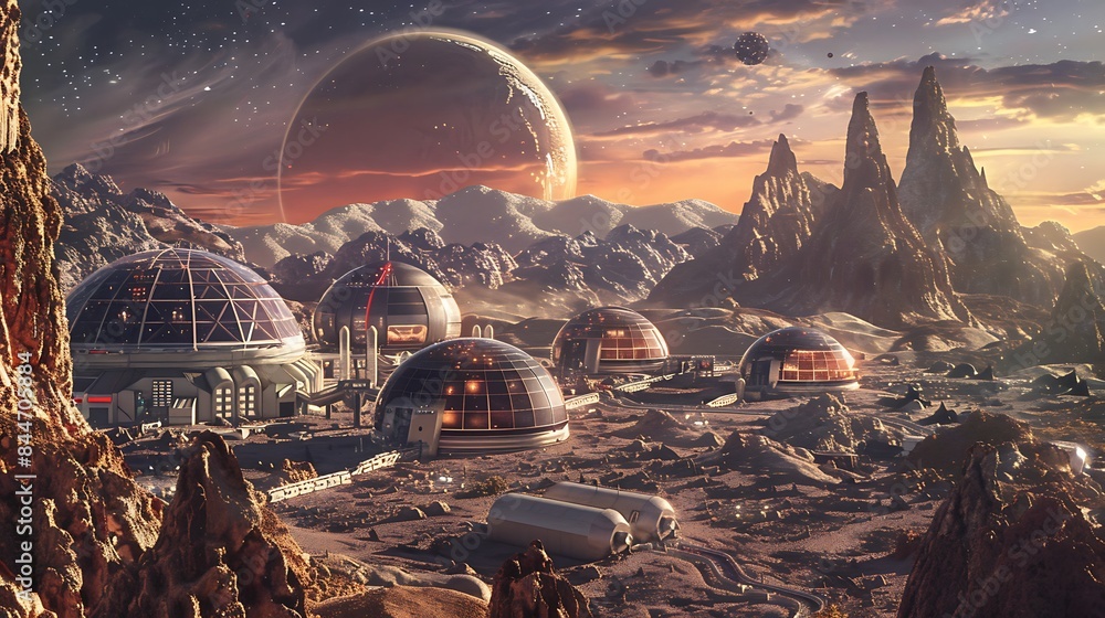 An artist's rendering of a futuristic space colony on Mars, with domed habitats, solar panels ...