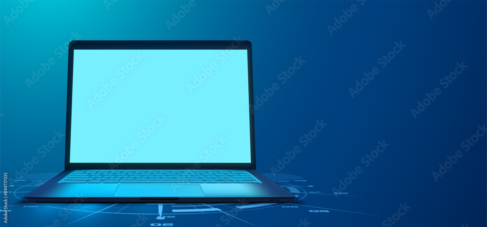 3D illustration of a modern laptop with a blank blue screen, placed on ...