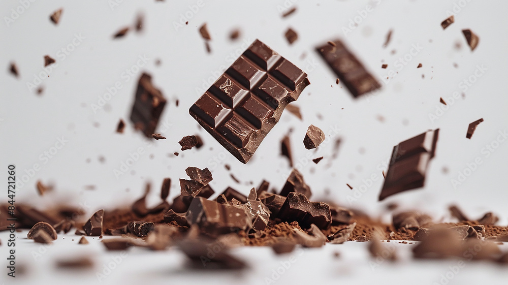 Chocolate bar wafer falling with choc flake in the air isolated on ...