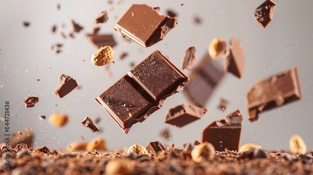 Chocolate bar wafer falling with choc flake in the air isolated on ...