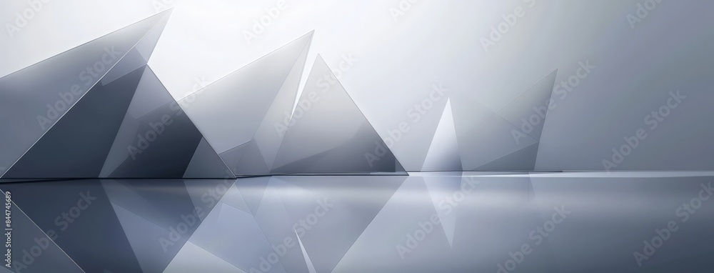 Three glass pyramids standing on a reflective surface, creating a ...