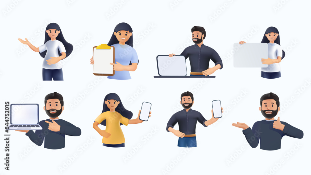 Happy people pointing at smth with fingers and hands, showing and ...