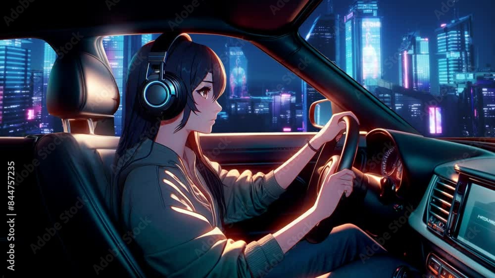 Anime-style girl driving a super racing car in the garage, equalizer ...