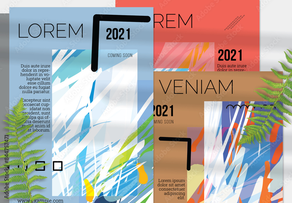 Poster Layout with Geometric Shapes and Abstract Bright Artistic Brush ...