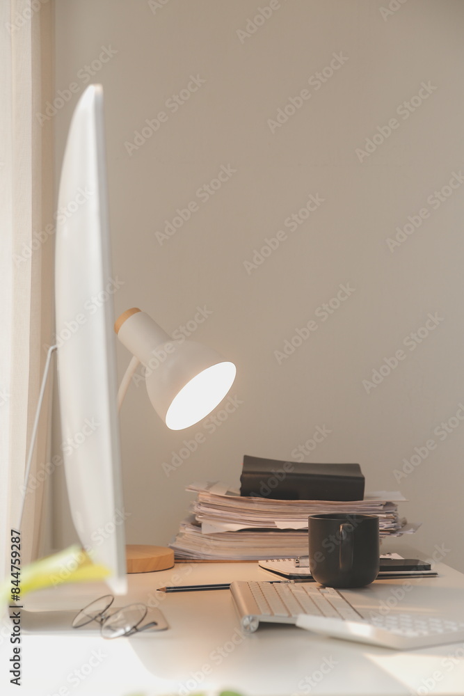 messy office workspace. Messy and cluttered office desk. Messy business ...