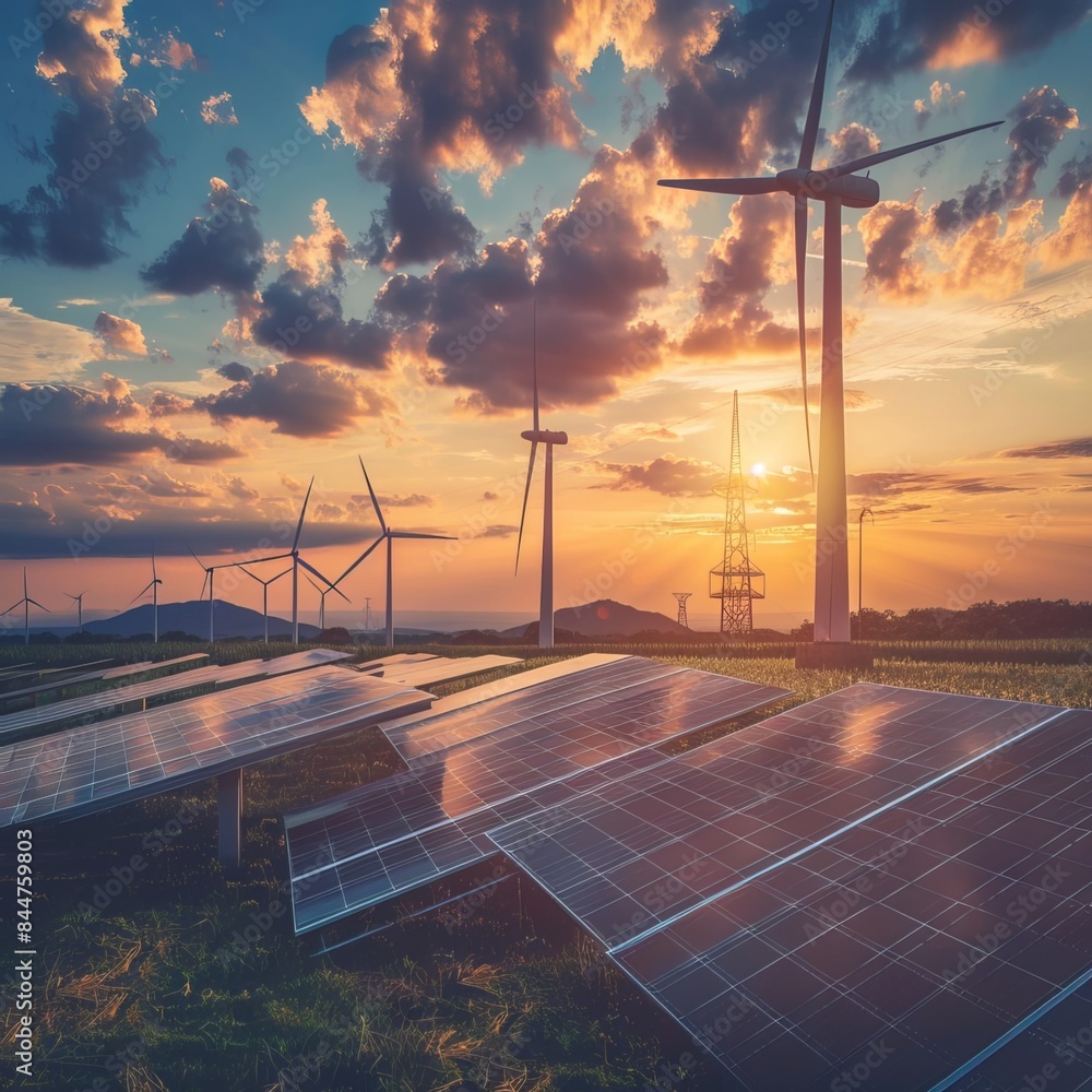 Solar photovoltaic panels and wind turbines. Generative AI Stock Illustration | Adobe Stock