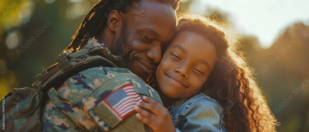 Heartwarming reunion of a soldier father in uniform hugging his joyful ...