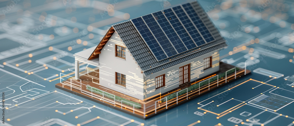 Model house with solar panels on roof, placed on electronic circuit ...