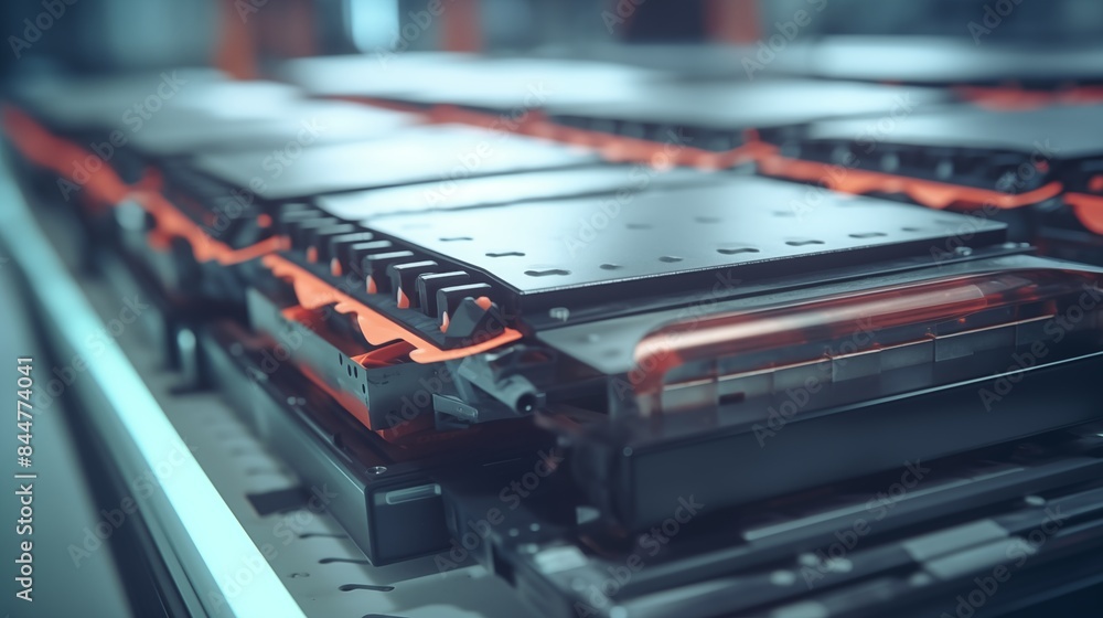 Closeup of electric vehicle battery cell assembly line in mass ...