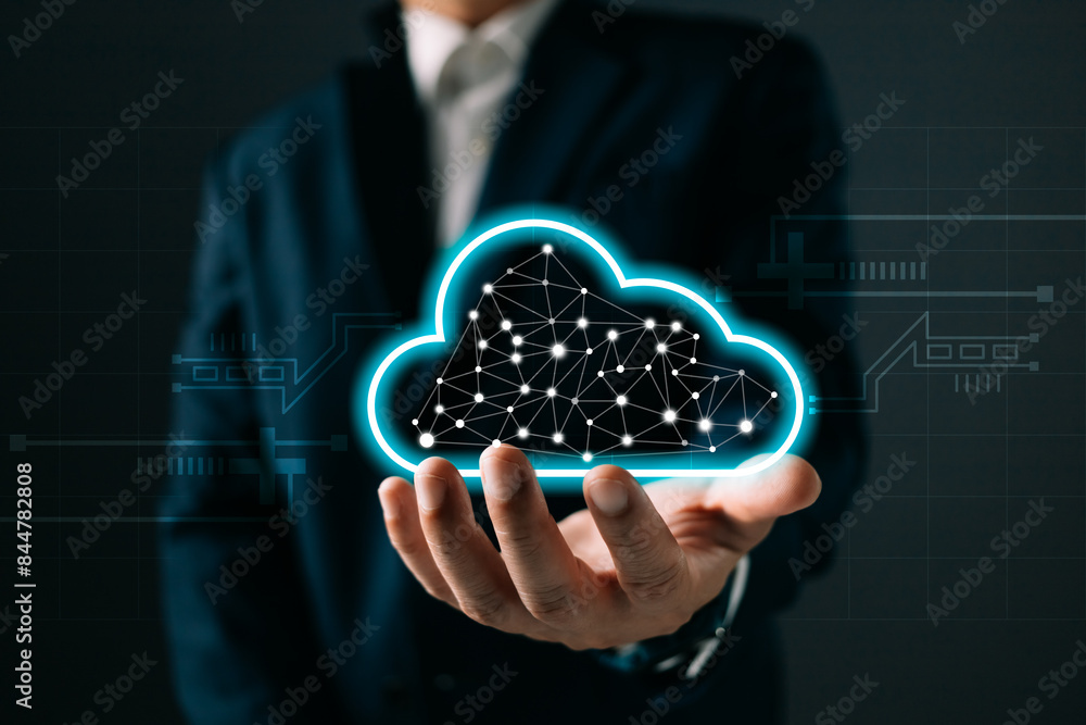 man holding icon cloud computing diagram show on hand. data center ...