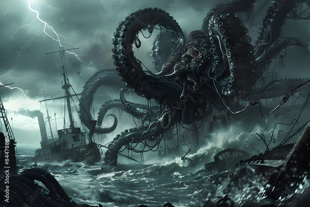 Colossal Mechanical Kraken Emerging from the Storm Tossed Sea with Grasping Metallic Tentacles ...