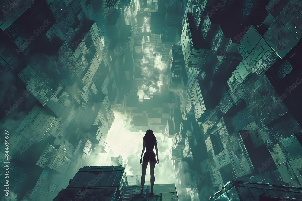 Defiant Warrior Woman Stands Amidst Dystopian Maze like Abstract ...